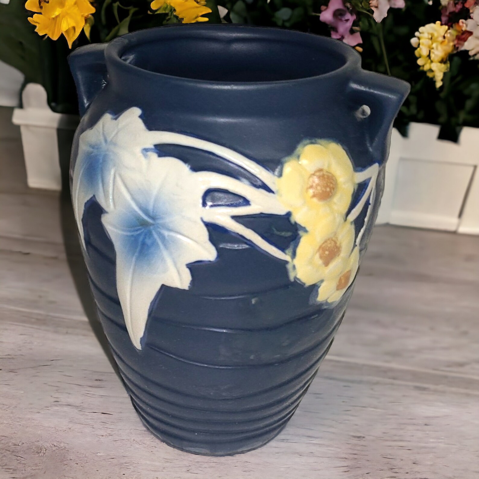 Vintage Roseville Art Pottery REPRODUCTION Blue Double Handle Vase 685 ...