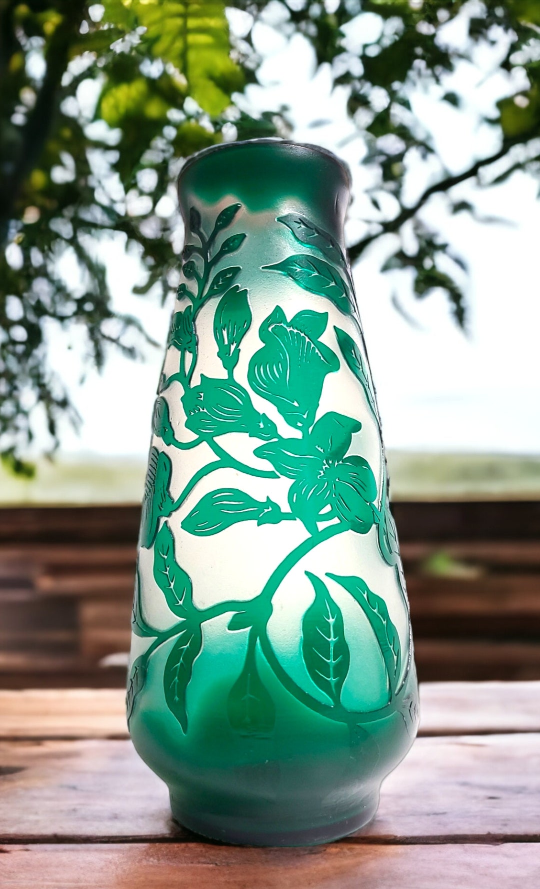 Vintage Green Sand Carved CAMEO Art Glass 11 Vase Kelsey Murphy Pilgrim ...