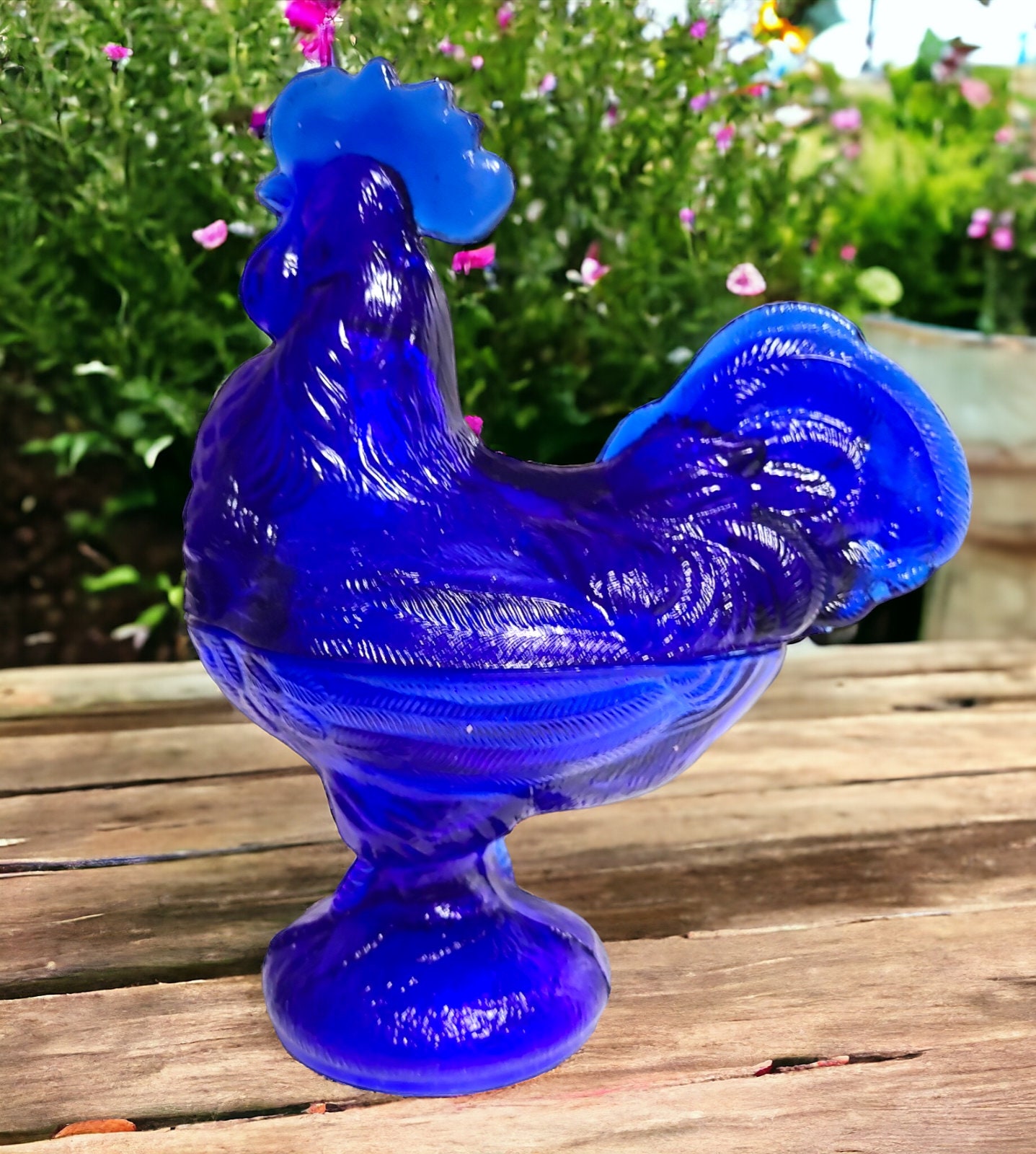 Vintage Cobalt Blue Glass Standing Rooster Figural Candy Dish Box 8 1/2 ...