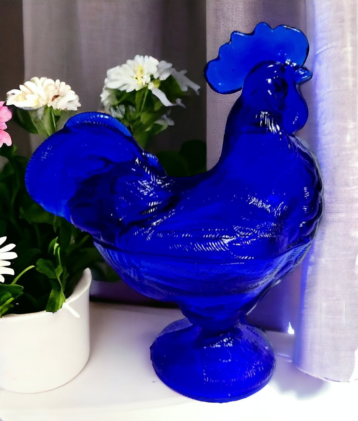 Vintage Cobalt Blue Glass Standing Rooster Figural Candy Dish Box 8 1/2 ...