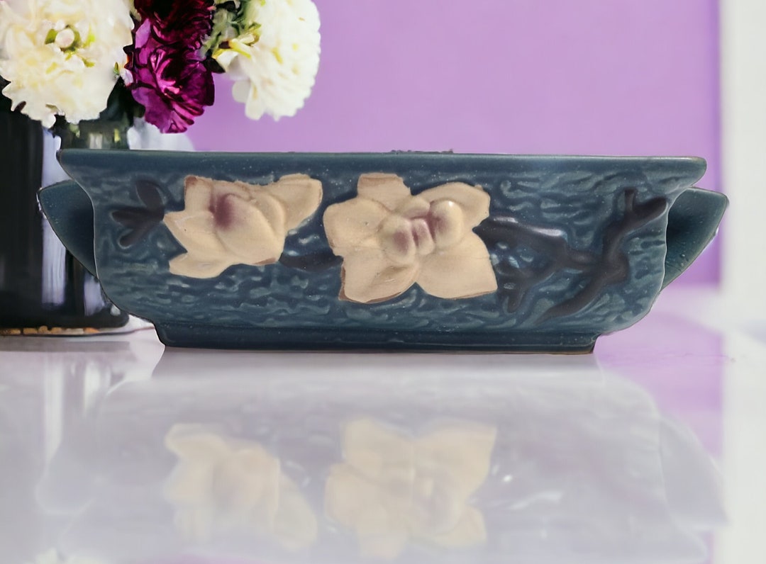 Vintage Roseville Art Pottery REPRODUCTION Blue Magnolia Double Handled ...