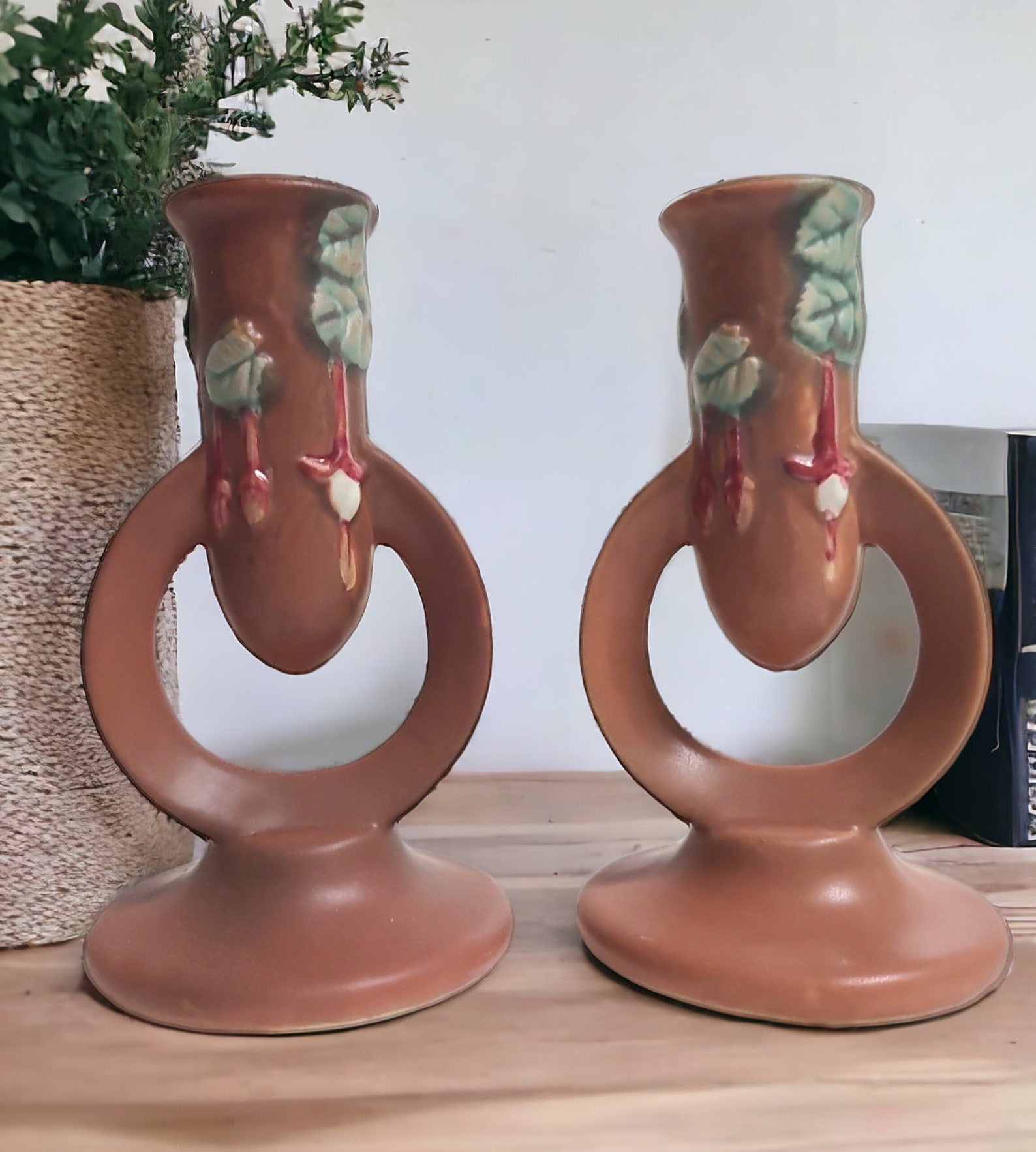 Pair of Vintage Roseville Art Pottery REPRODUCTION Fuschia Brown 5 ...