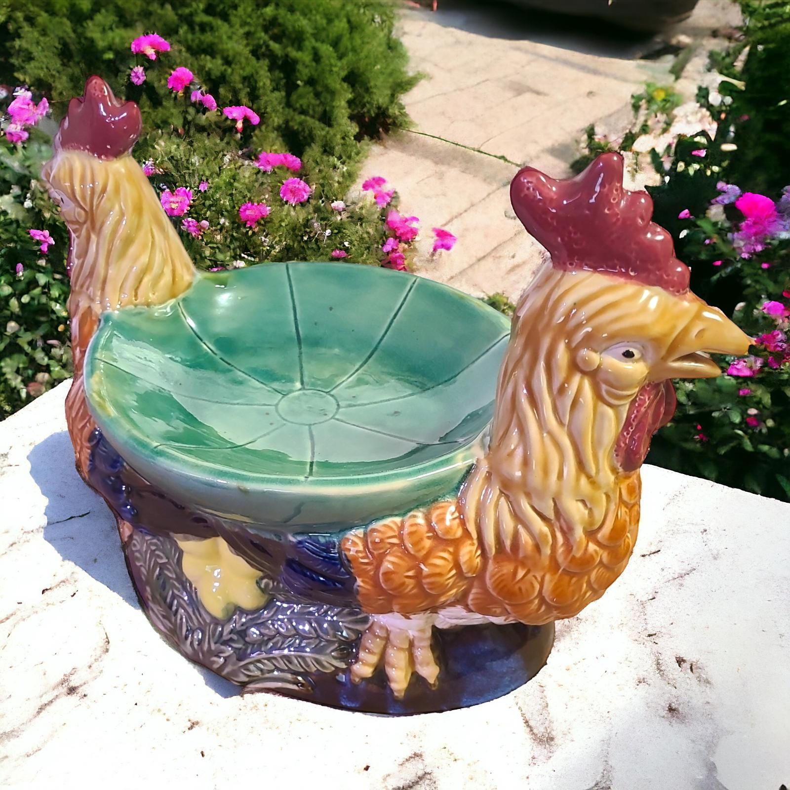 Vintage Majolica Pottery Gallic French Style Double Rooster Pedestal ...