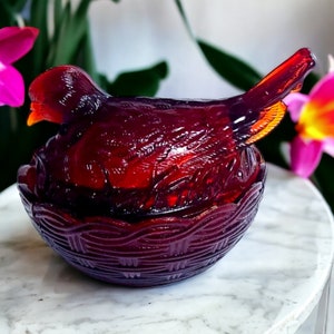 Vintage Ruby Red Glass 2 Piece Dove Bird on Nest Basket Lidded Candy ...