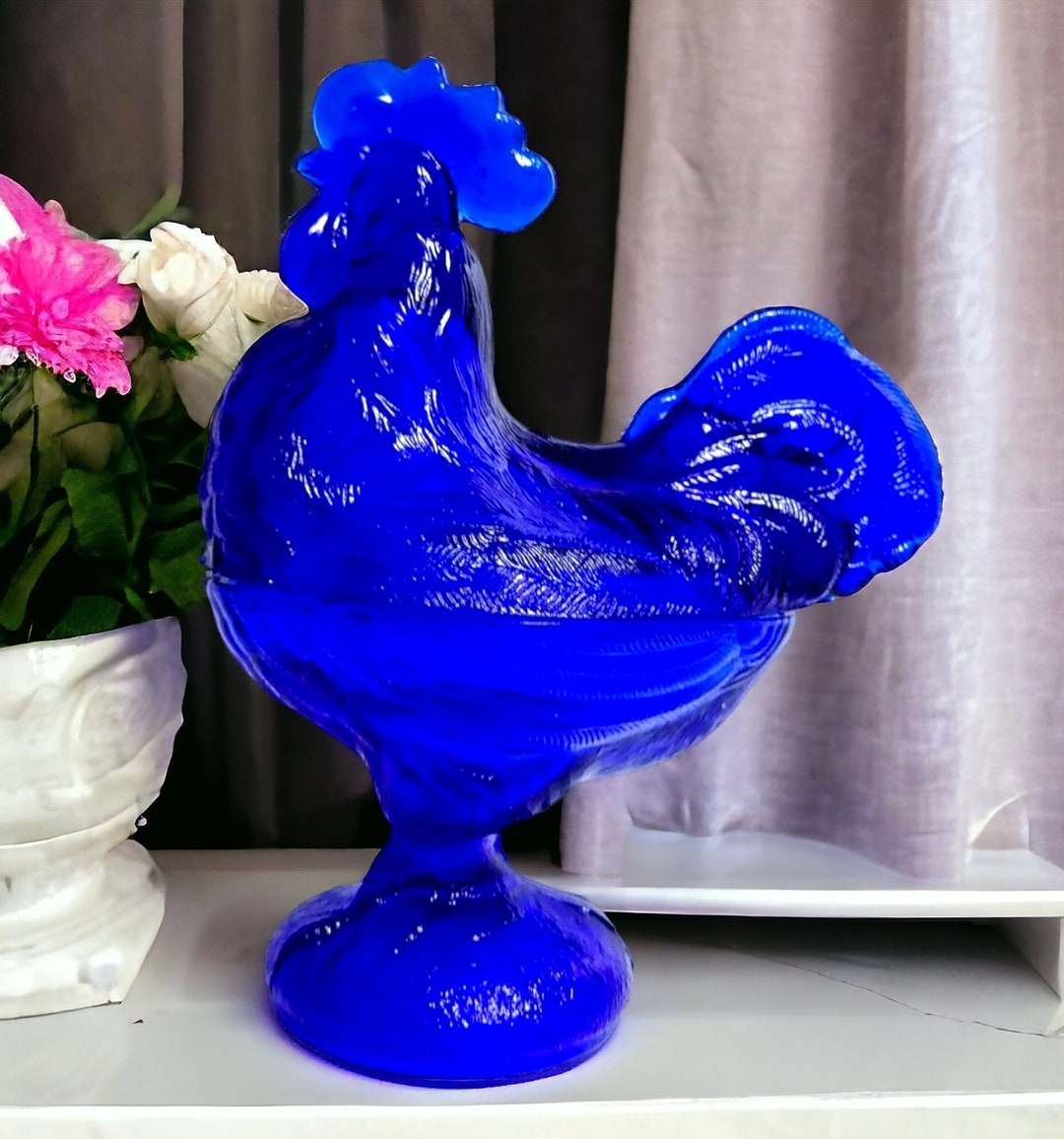 Vintage Cobalt Blue Glass Standing Rooster Figural Candy Dish Box 8 1/2 ...