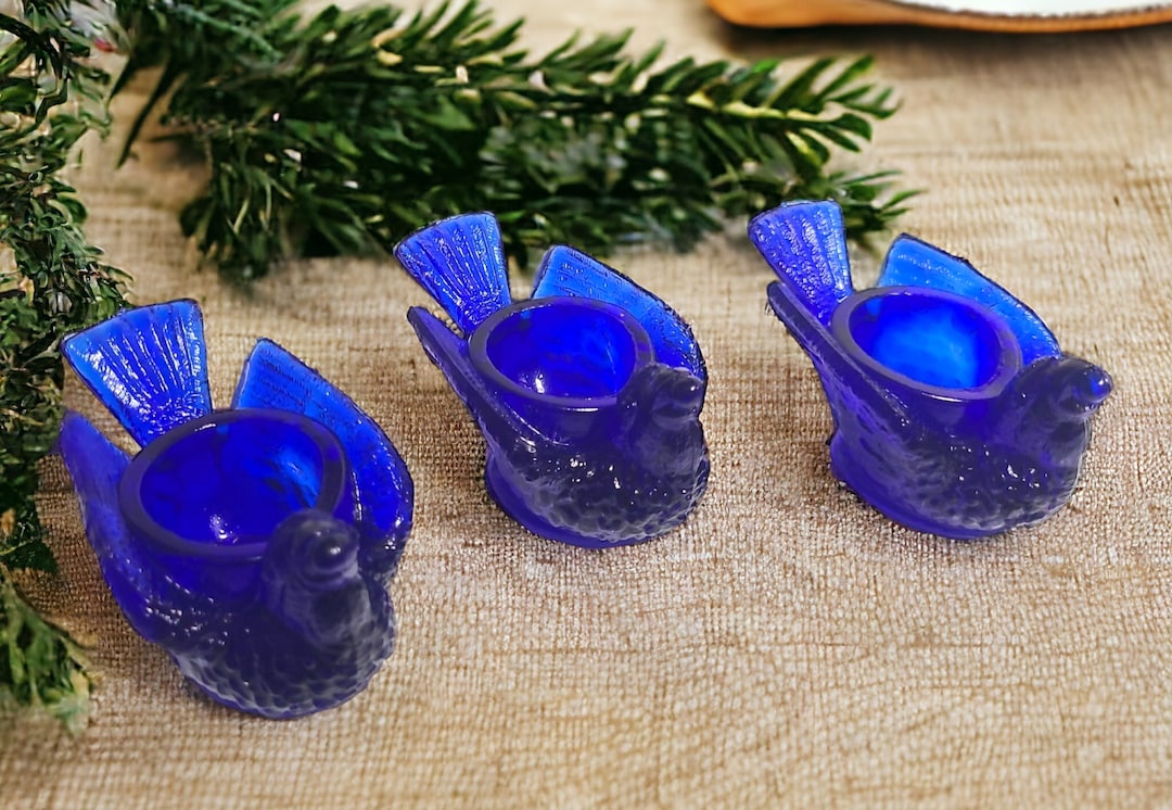 Set of 3 Vintage Cobalt Blue Glass BIRD WITH BERRY Figural Open Salt ...