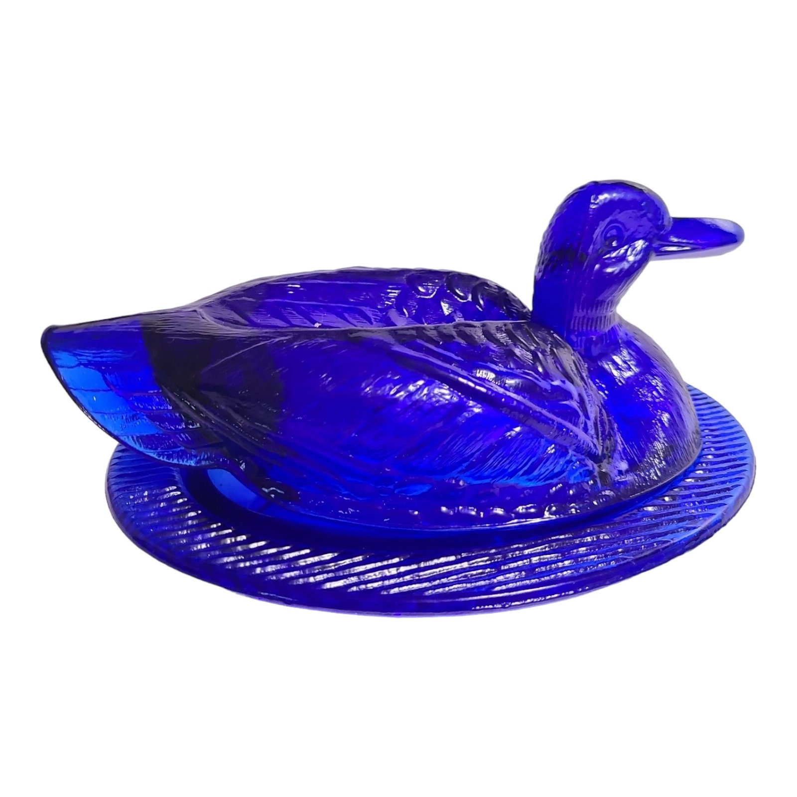 Vintage Cobalt Blue Glass Nesting Duck on Nest Candy Dish Box 8.5" L X ...