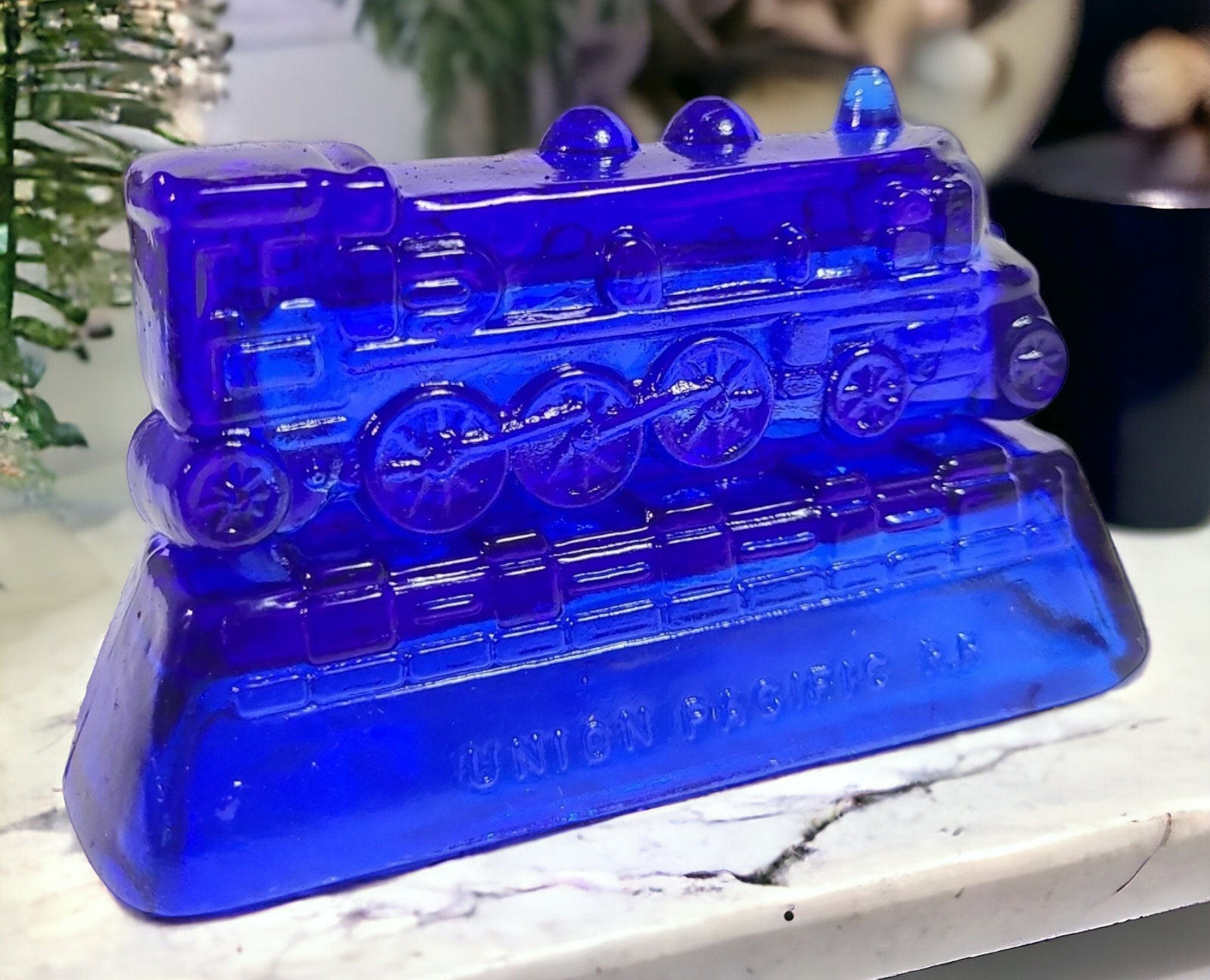 Vintage 2 Piece Cobalt Blue Glass Union Pacific Railroad Locomotive ...