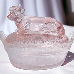 Vintage Pink Glass 2 Piece Cow on Hay Basket Nest Lidded Candy Dish ...