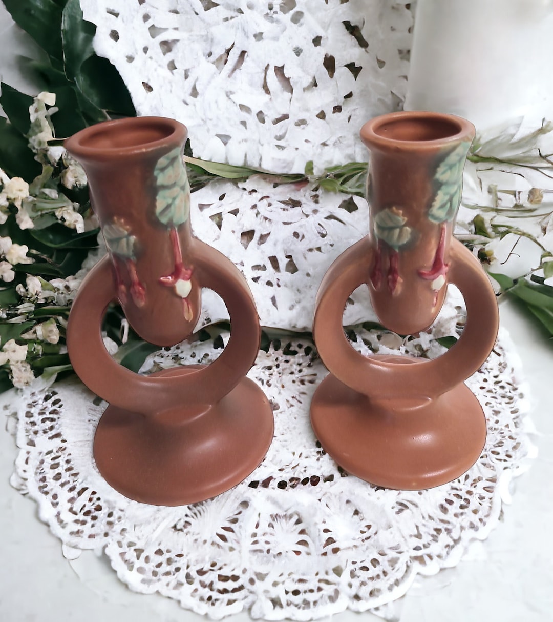 Pair of Vintage Roseville Art Pottery REPRODUCTION Fuschia Brown 5 ...