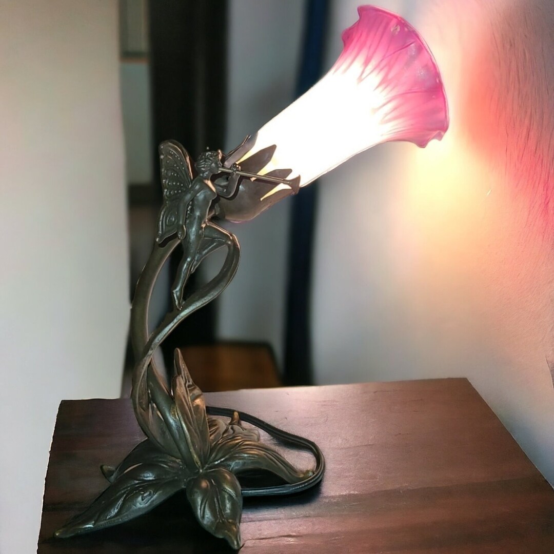 Tiffany Style Fairy Lady With Favrile-styled Art Glass Trumpet Lily ...