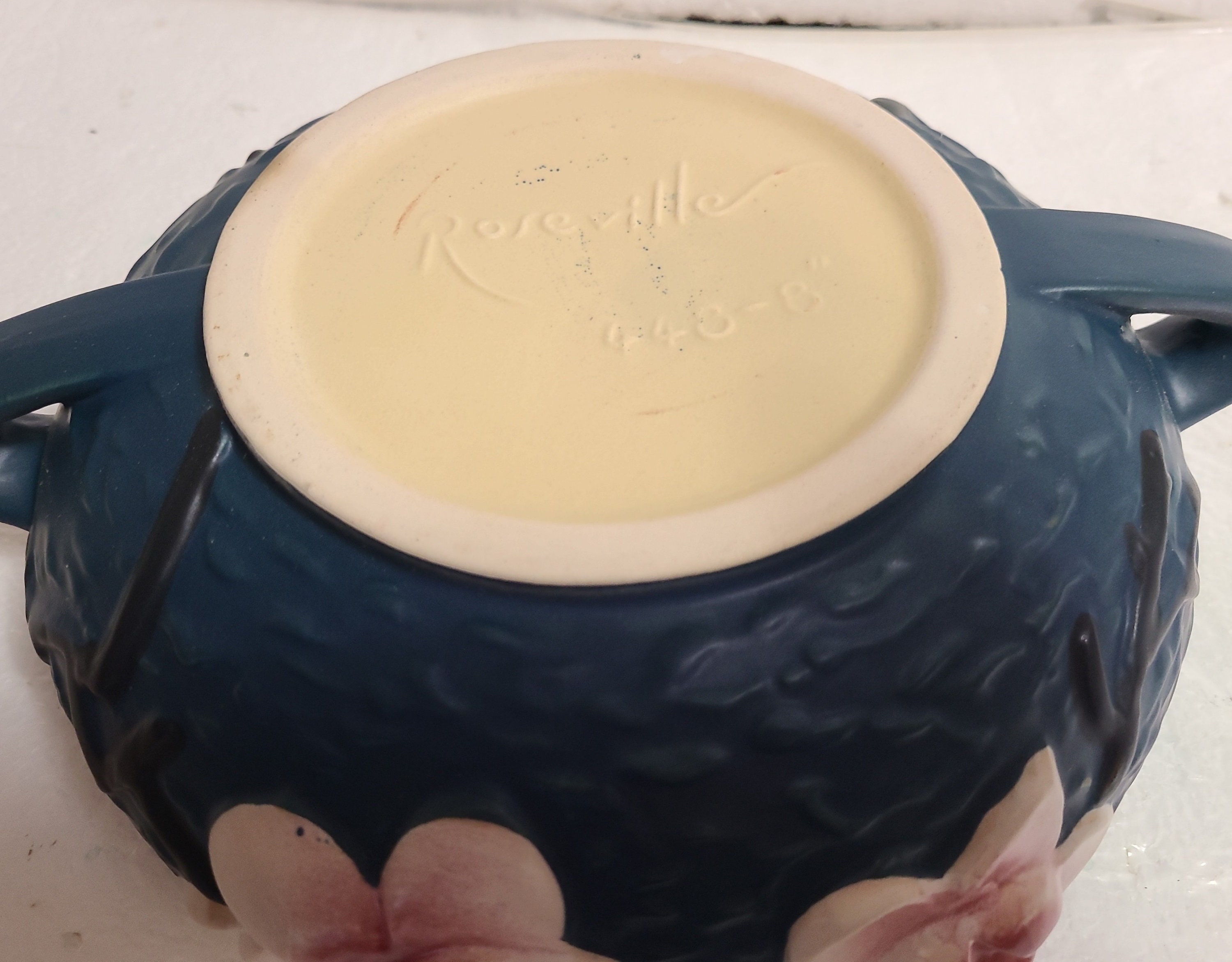 Vintage Roseville Art Pottery REPRODUCTION Blue Magnolia Double Handled ...