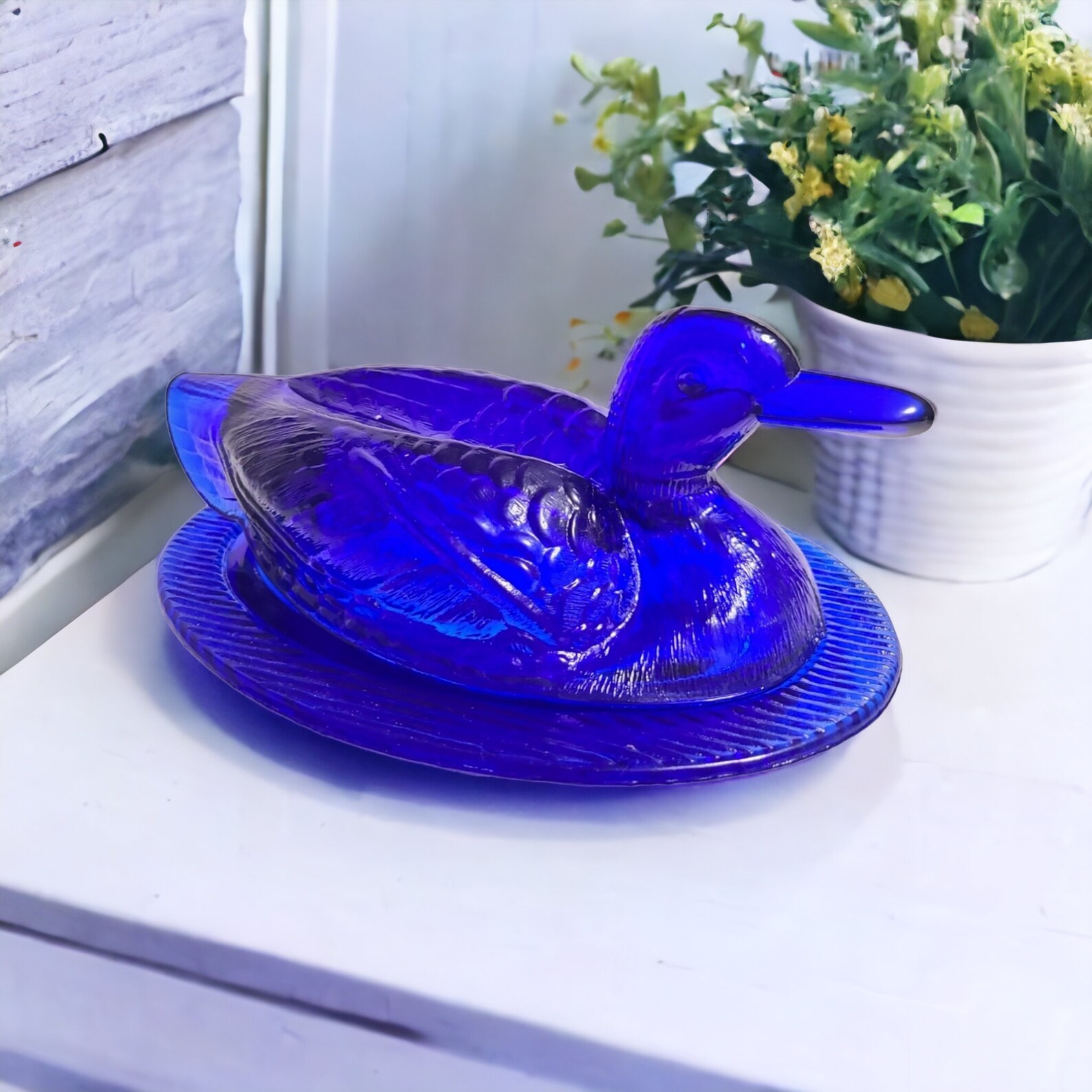 Vintage Cobalt Blue Glass Nesting Duck on Nest Candy Dish Box 8.5" L X ...