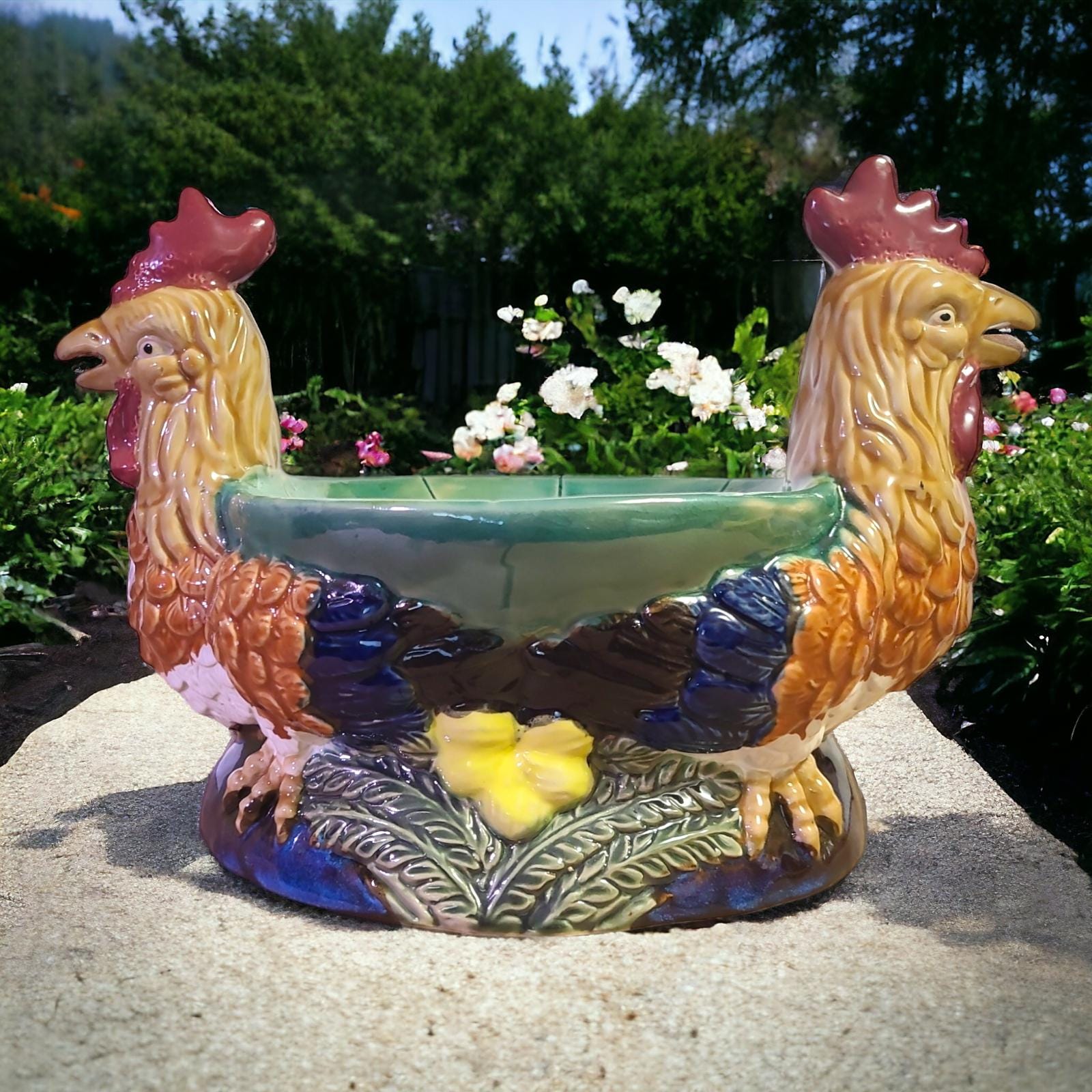 Vintage Majolica Pottery Gallic French Style Double Rooster Pedestal ...