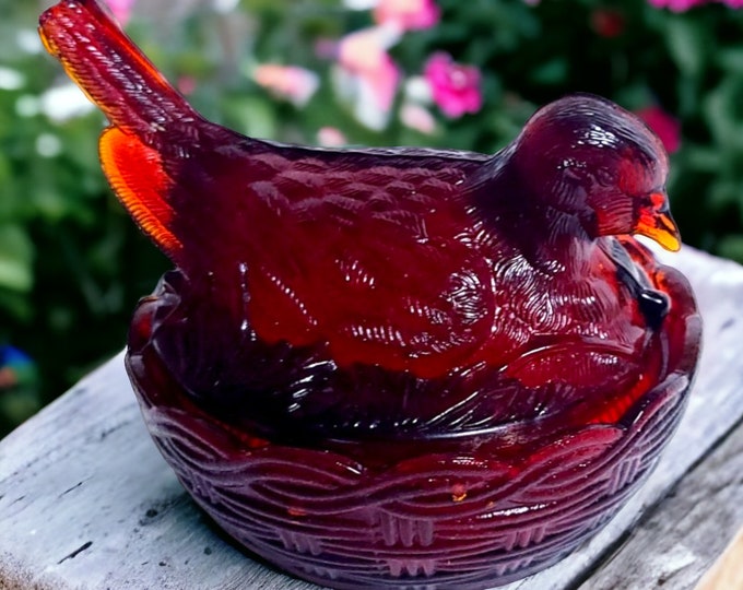 Vintage Ruby Red Glass 2 Piece Dove Bird on Nest Basket Lidded Candy ...
