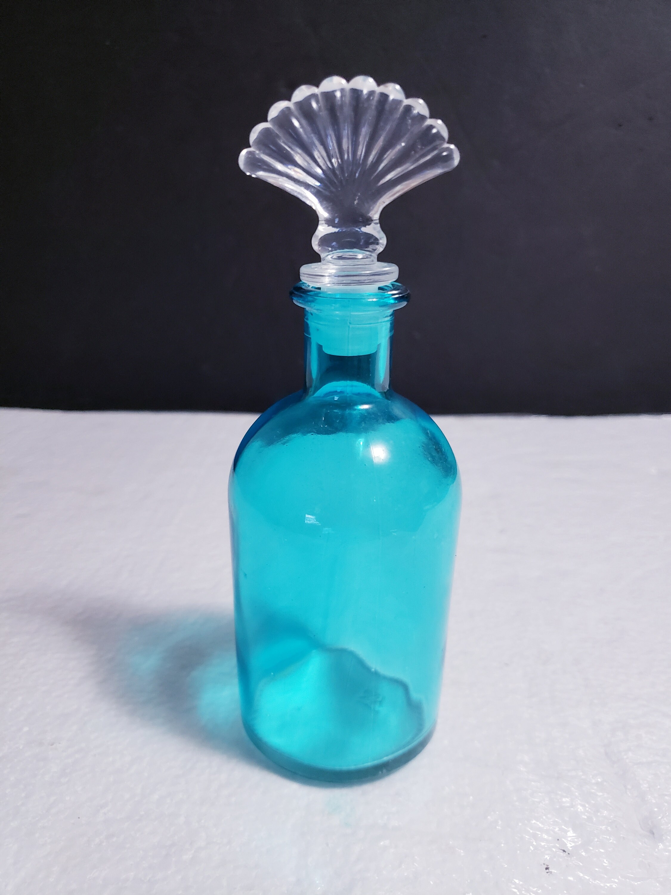 Vintage Aqua Blue Glass 7.25" Bottle With Clear Art Deco Style Fan ...