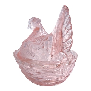 Vintage Pink Glass Nesting Hen Chicken on Nest Basket Covered Candy ...
