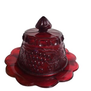 Vintage Ruby Red Amberina Glass GRAPE & CABLE Covered Round Butter ...