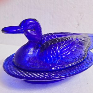 Vintage Cobalt Blue Glass Nesting Duck on Nest Candy Dish Box 8.5" L X ...