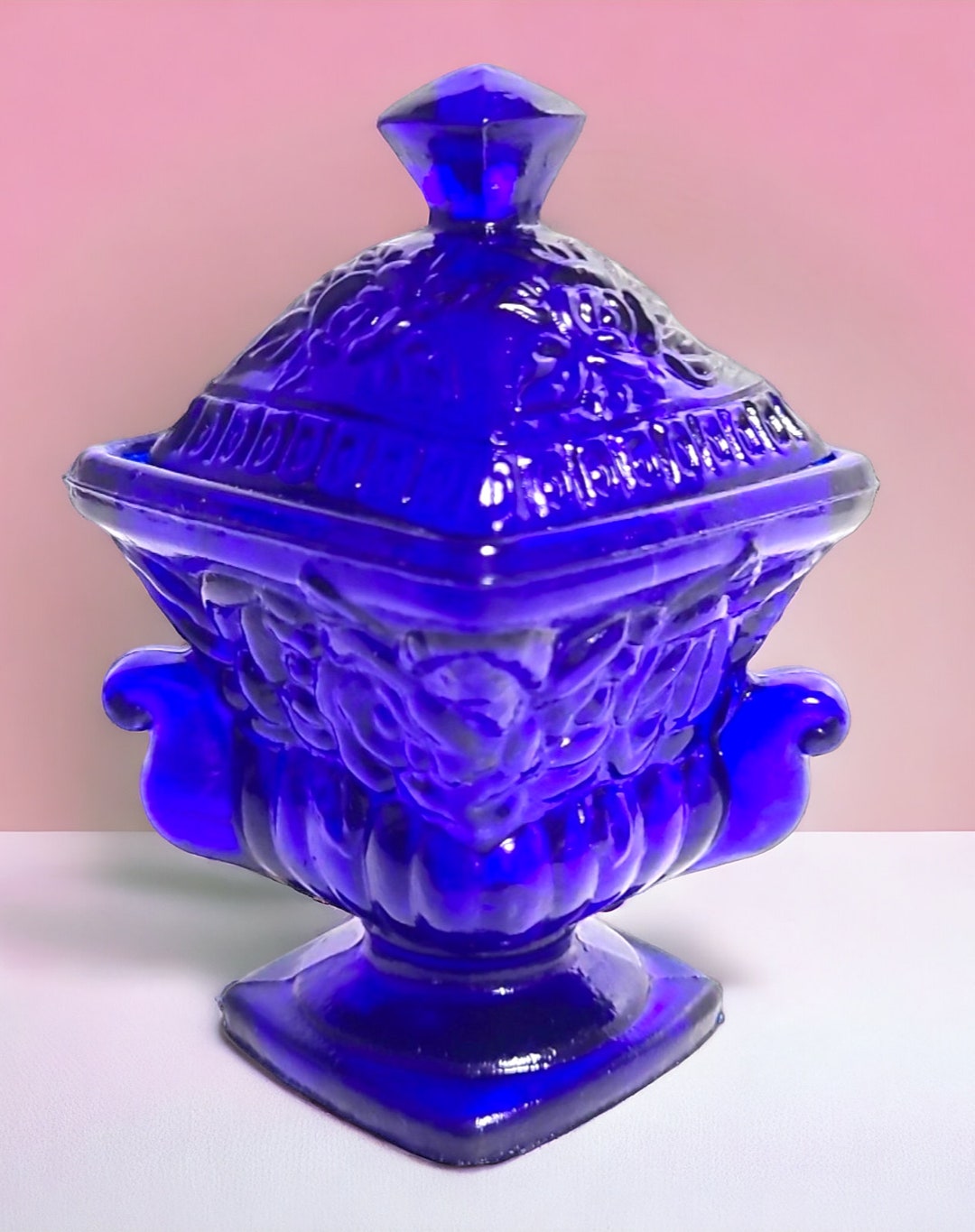 Vintage Cobalt Blue Glass Square Small Lidded Pedestal Trinket Dish ...