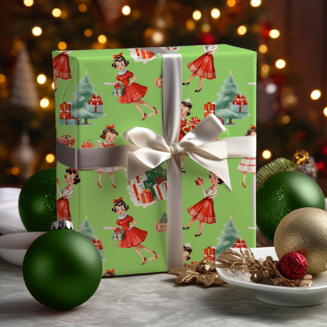 1950s Vintage Green Christmas Wrapping Paper Mid-century Girl - Etsy