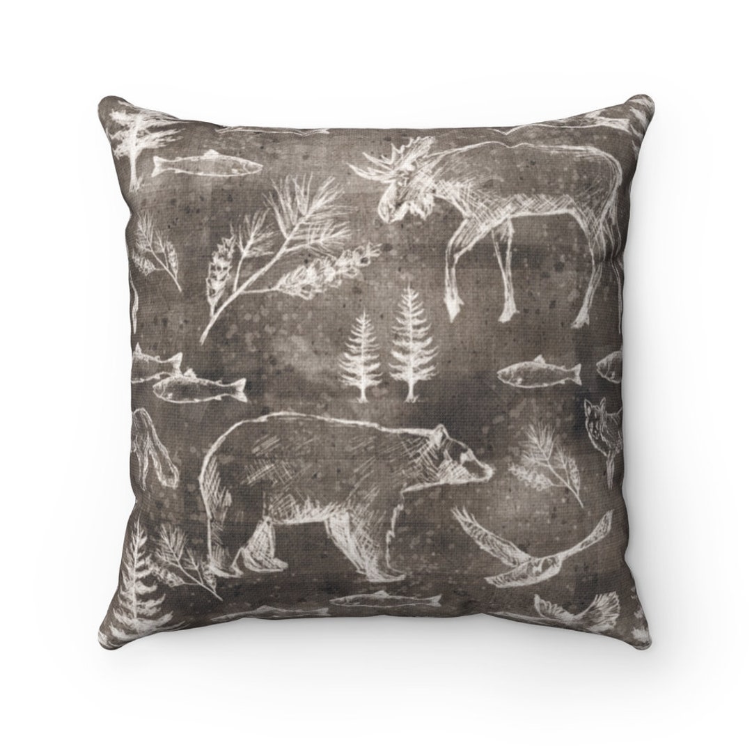Brown Cabin Pillow, Rustic Lakehouse Decor, Woodland Animal Cushion ...