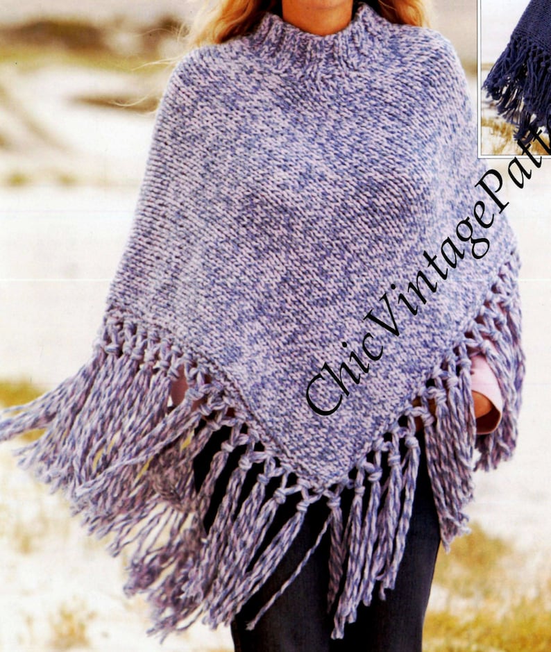 Knitted Poncho Pattern, Ladies and Girls Fringed Poncho, Digital ...