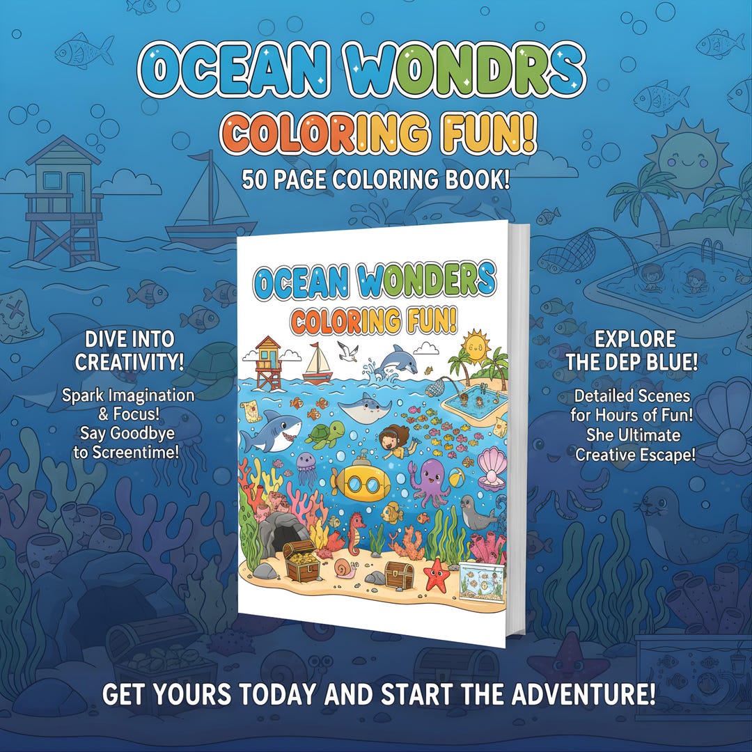 50 Page Ocean Wonders Coloring Book - Digital Download A4 Printable ...