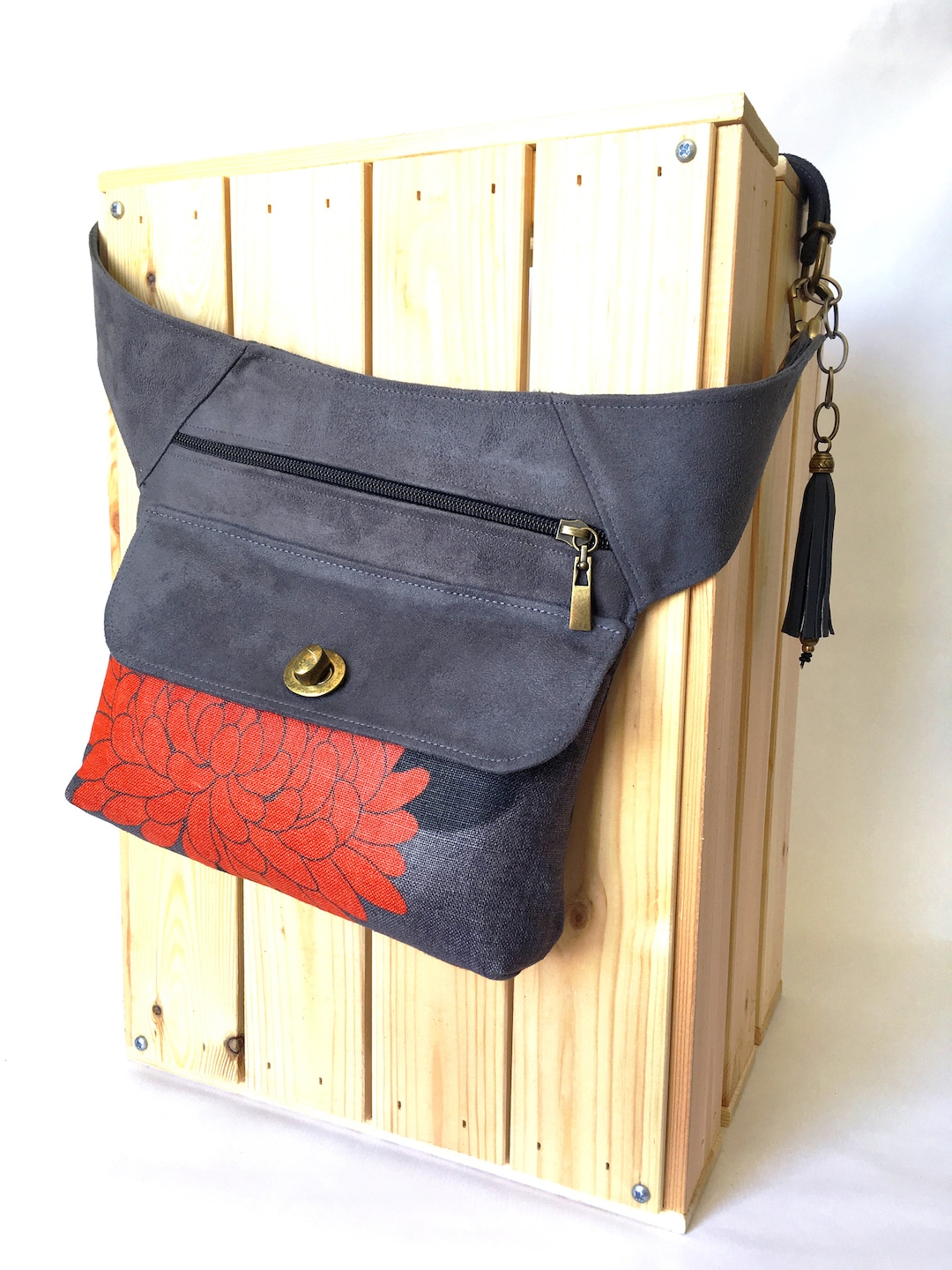 Fanny Pack Japanese Linen Fabric, Red Flowers Waist Bag, Gray Utility ...