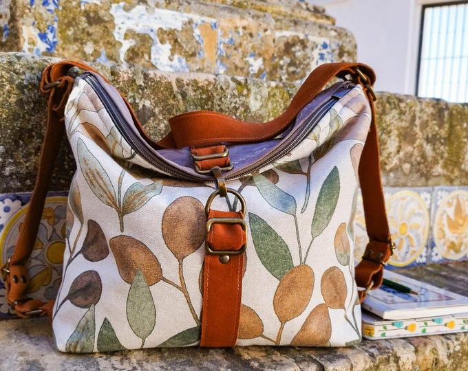 Brown Convertible Backpack Purse With Colorful Leaves, Botanical Canvas ...