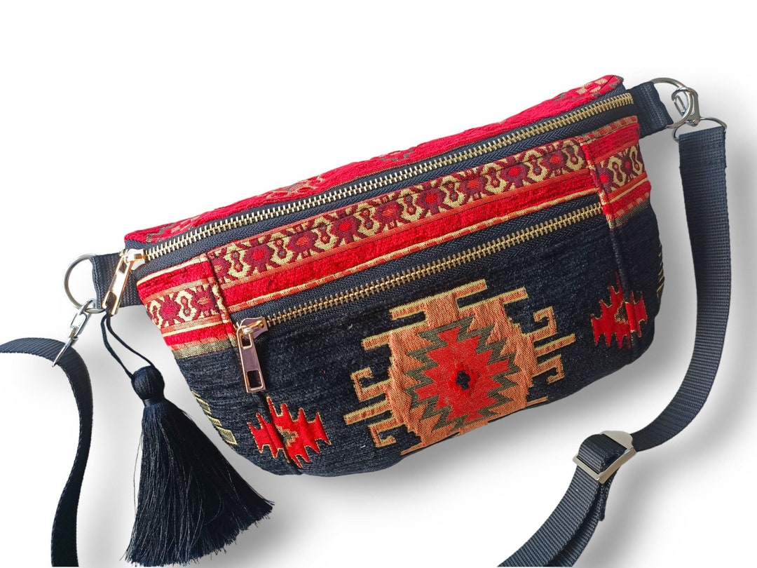 Vegan Boho Fanny Pack With Tassel and Embroidered Fabric Festival Waist ...