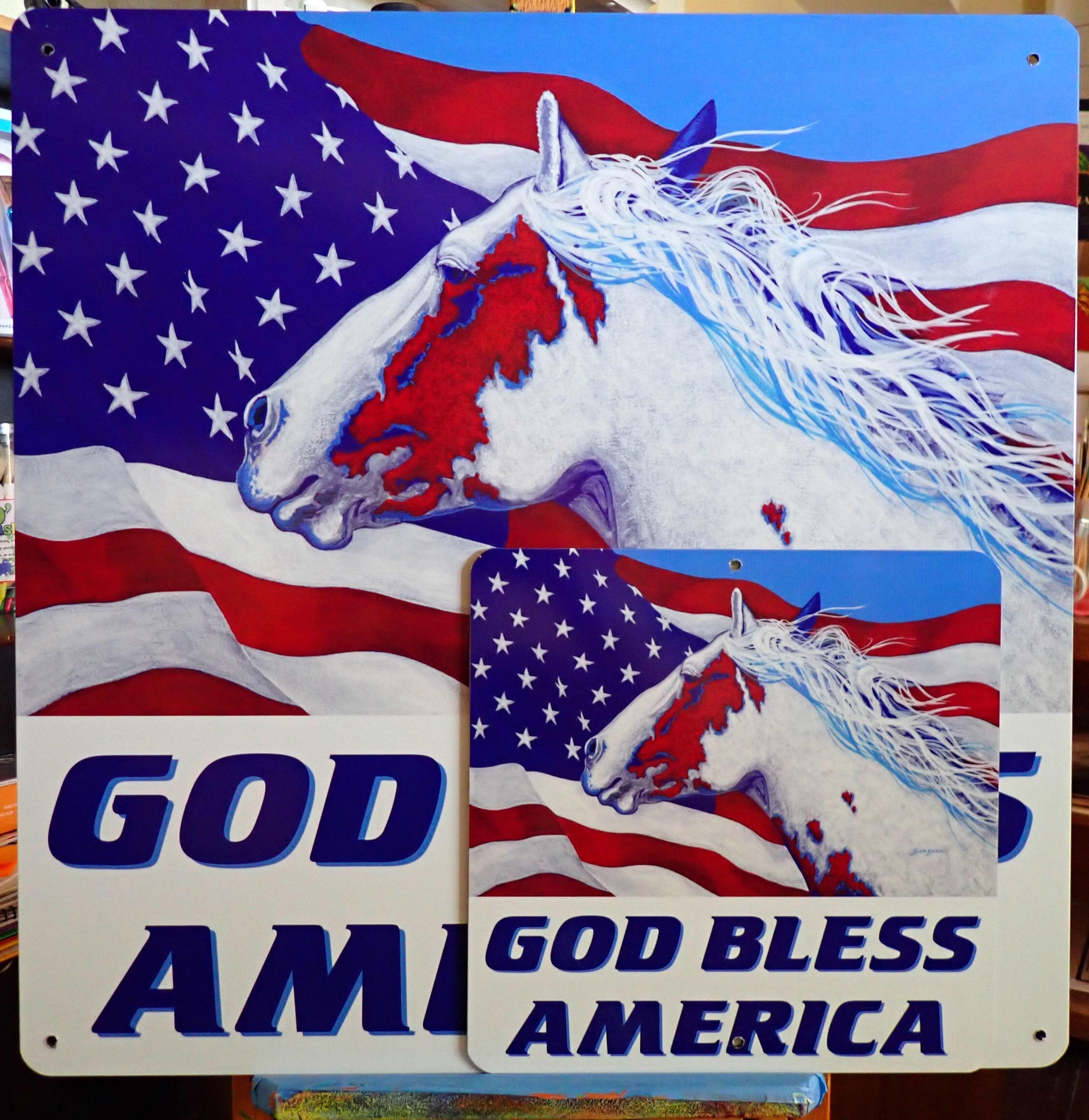 God Bless America Patriotic Sign, Patriotic Horse & Flag Wall Hanging ...