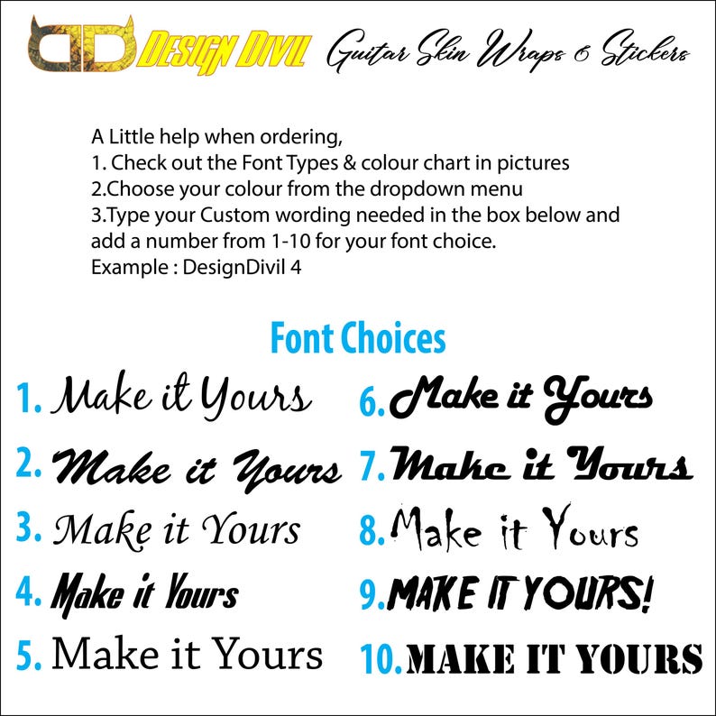 Custom Guitar & Bass Headstock Sticker Decals 10 Font Types,24 Colour ...