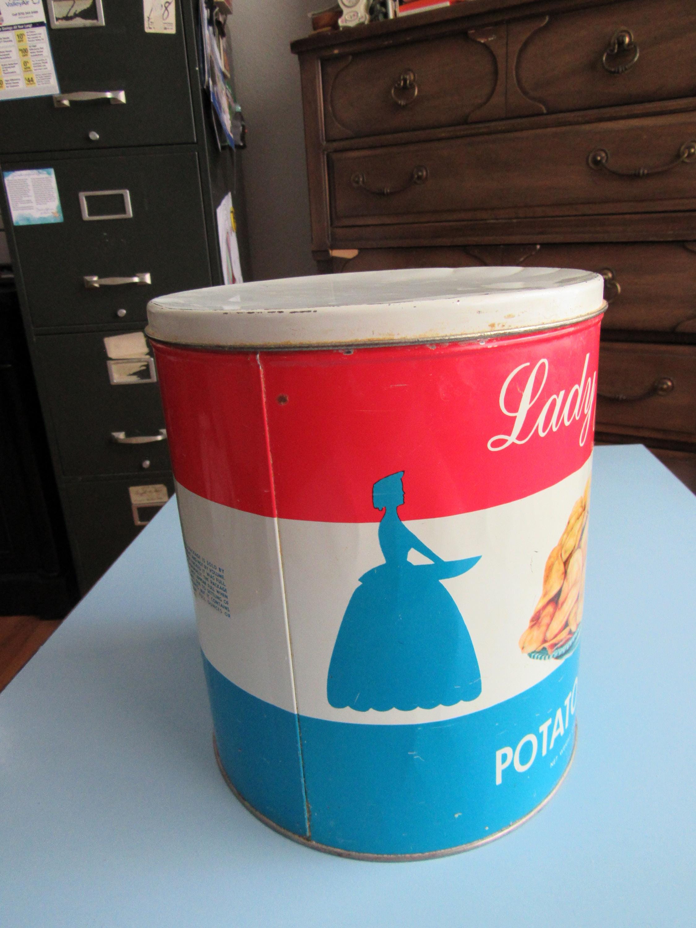 Vintage Round Lady Jane Potato Chips Tin Lithograph Canister Dutch Boy ...
