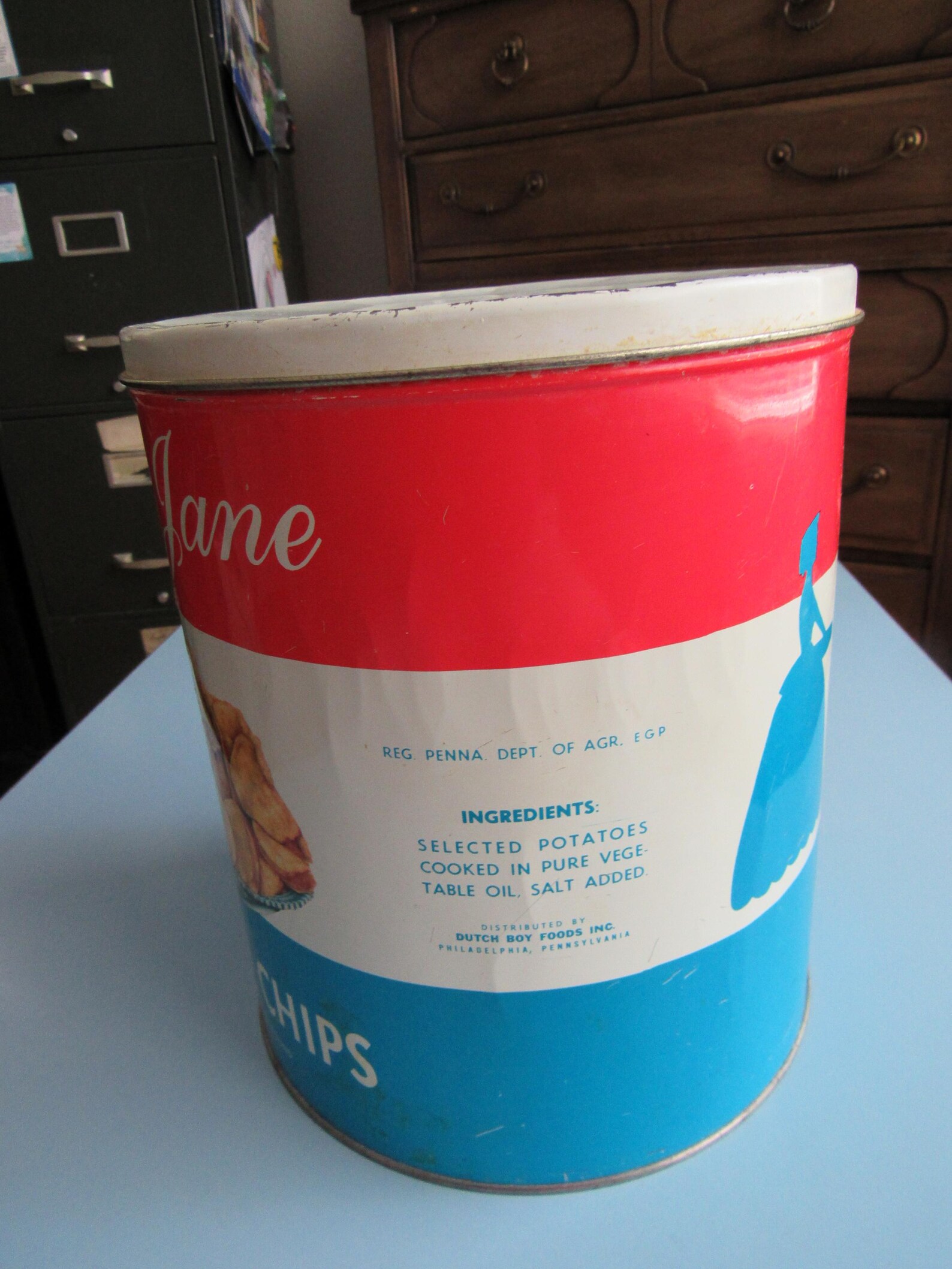 Vintage Round Lady Jane Potato Chips Tin Lithograph Canister Dutch Boy ...