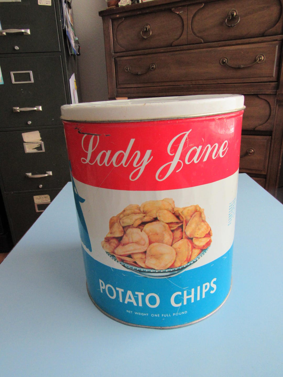 Vintage Round Lady Jane Potato Chips Tin Lithograph Canister Dutch Boy ...