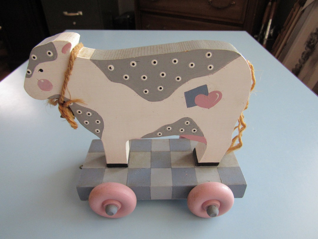 Vintage Hand Painted Wooden Cow Pull Toy Free Shipping - Etsy