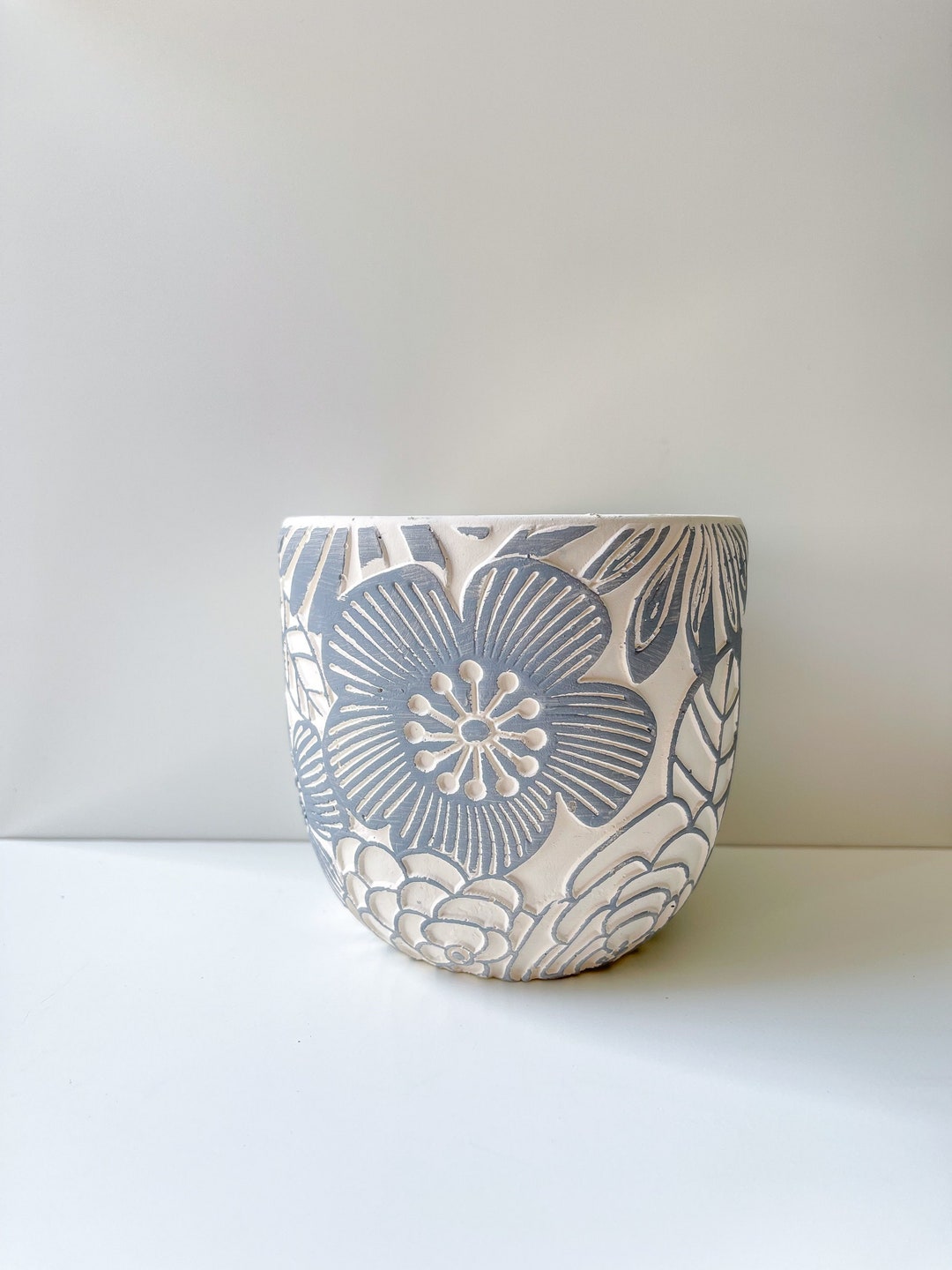 Small Gray Pot With Floral Design, 4" Planter, 3D Pot, Pot With Raised ...