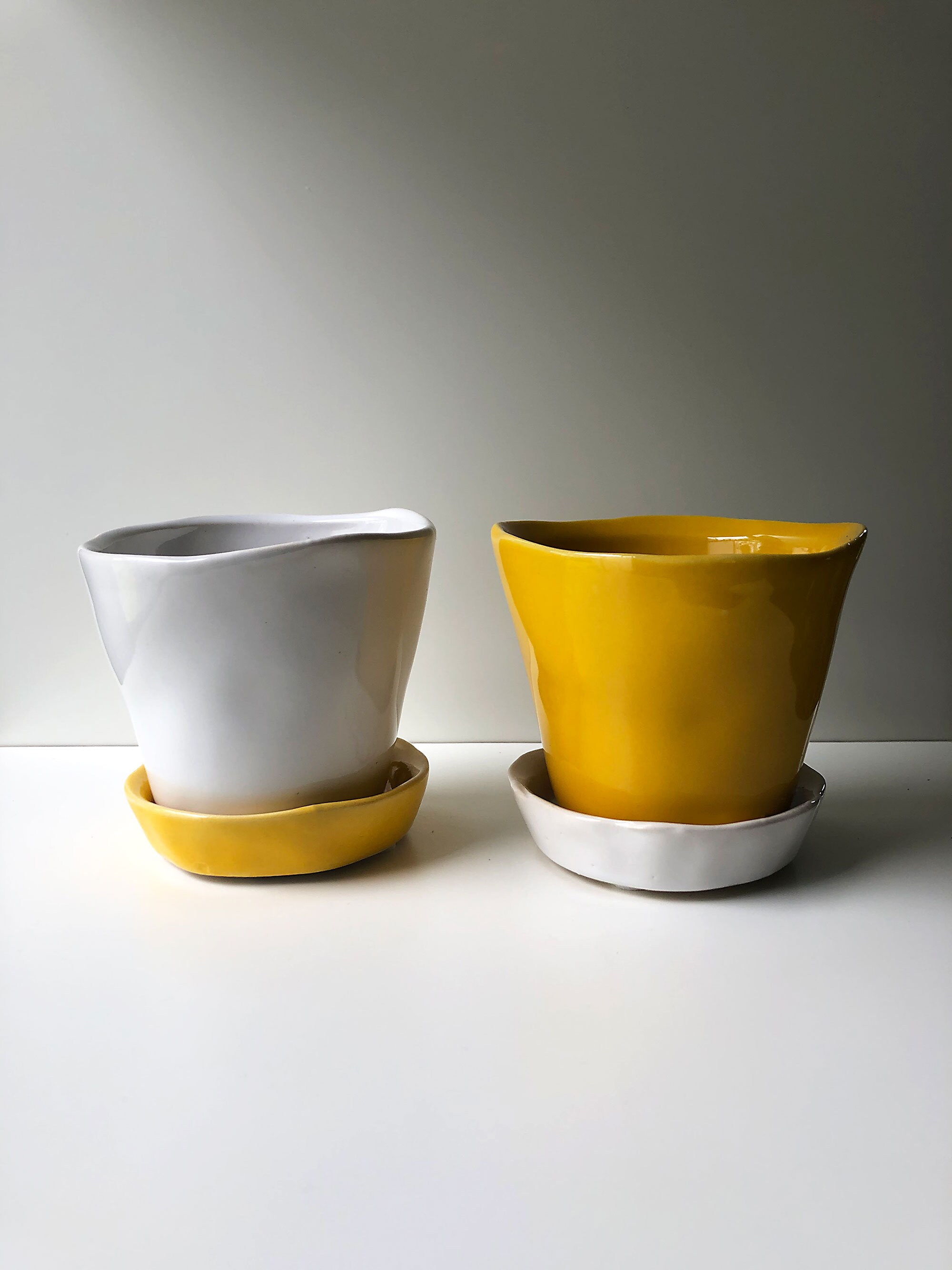 Small Yellow Ceramic Planter With Saucer Small Planter Small - Etsy