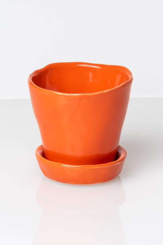 Small Orange Planter With Saucer - Etsy