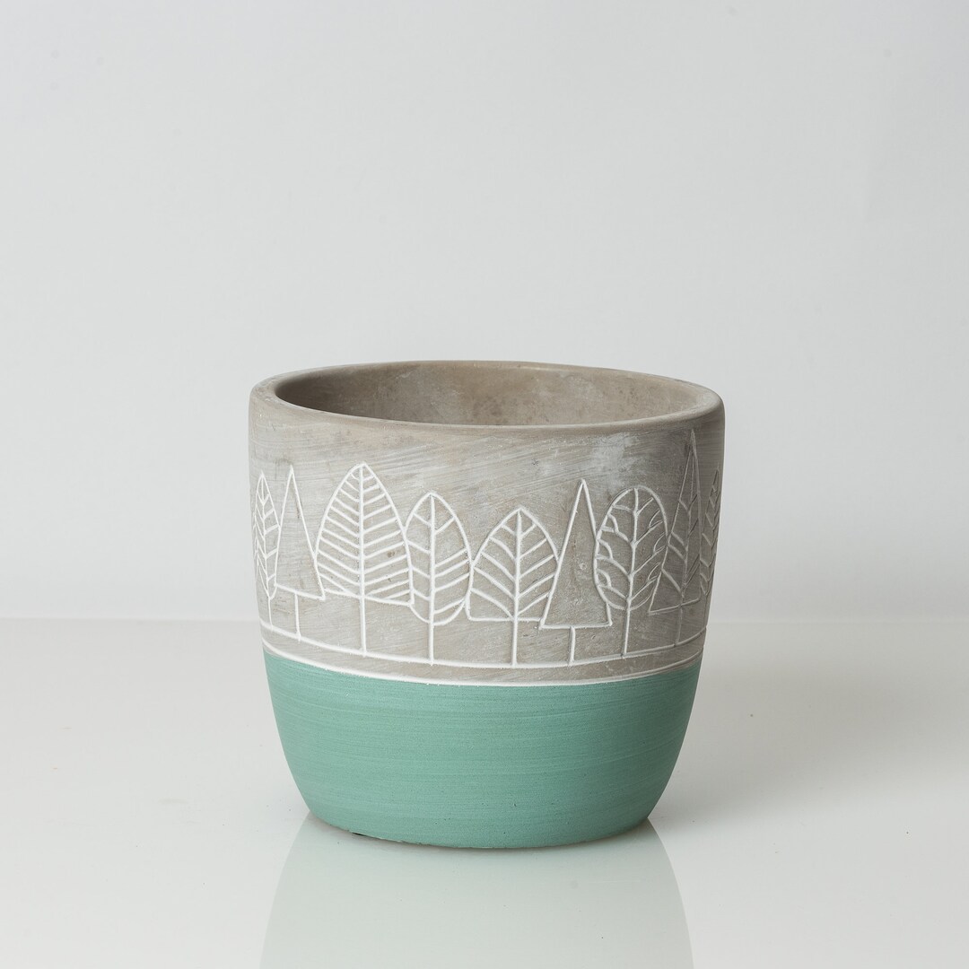 5 Inch Teal Forrest Pot, Tree Pot, 5 Inch Pot, Cache Pot, Etched Pot ...