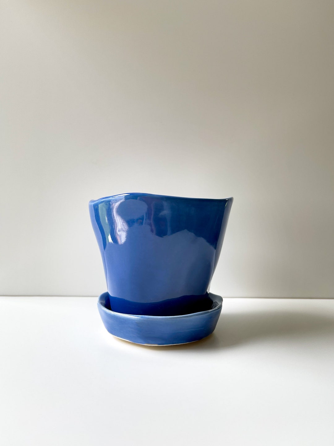 Small Cobalt Blue Ceramic Planter With Saucer - a Fun Mini Pot - Mini ...