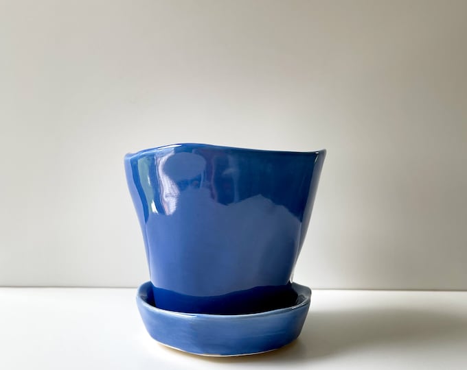 Small Cobalt Blue Ceramic Planter With Saucer a Fun Mini Pot Mini ...