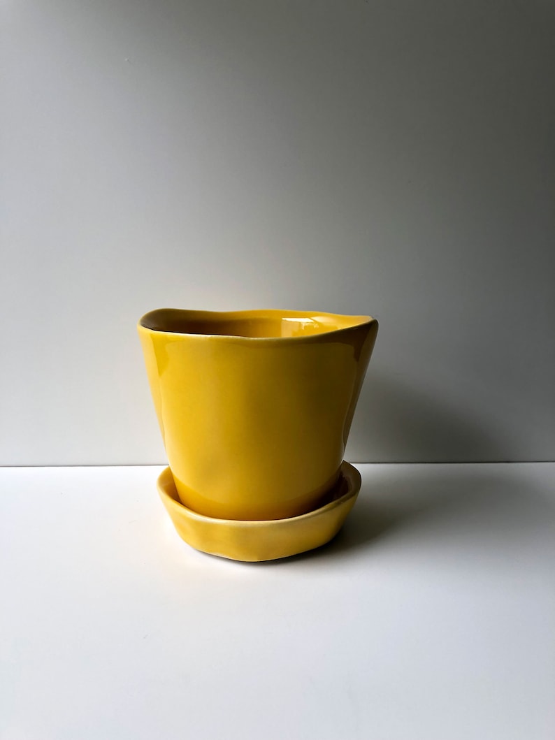 Small Yellow Ceramic Planter With Saucer Small Planter Small - Etsy