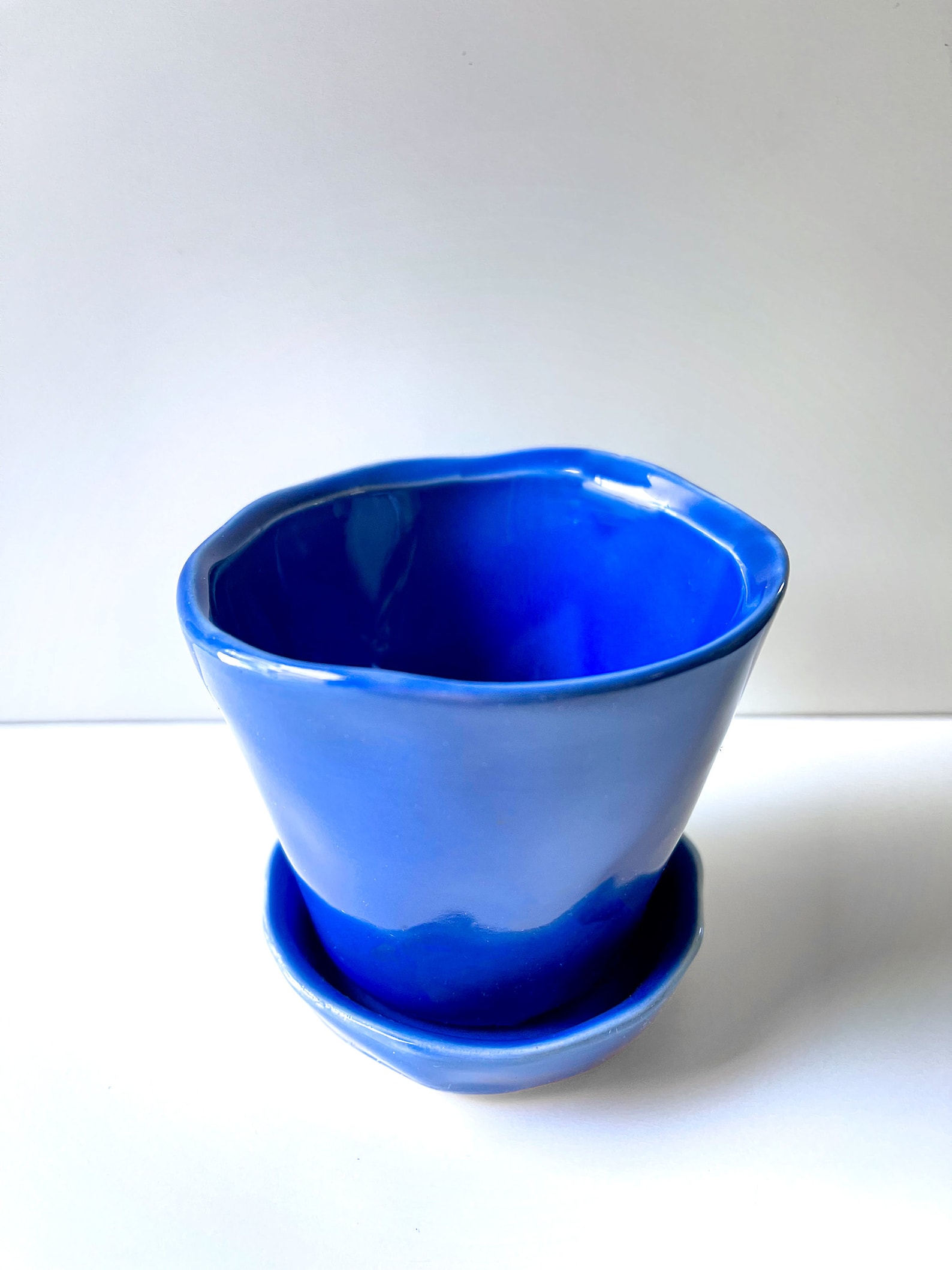 Small Cobalt Blue Ceramic Planter With Saucer a Fun Mini Pot | Etsy
