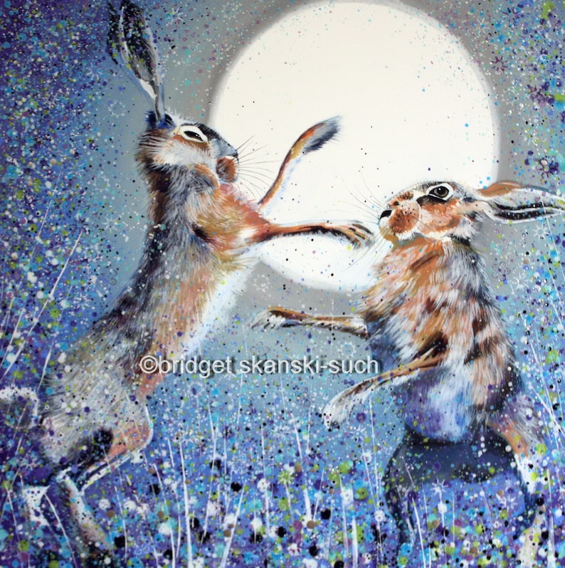 Blue Boxing Hares Print Jack Rabbits Moonlight Countryside - Etsy Australia