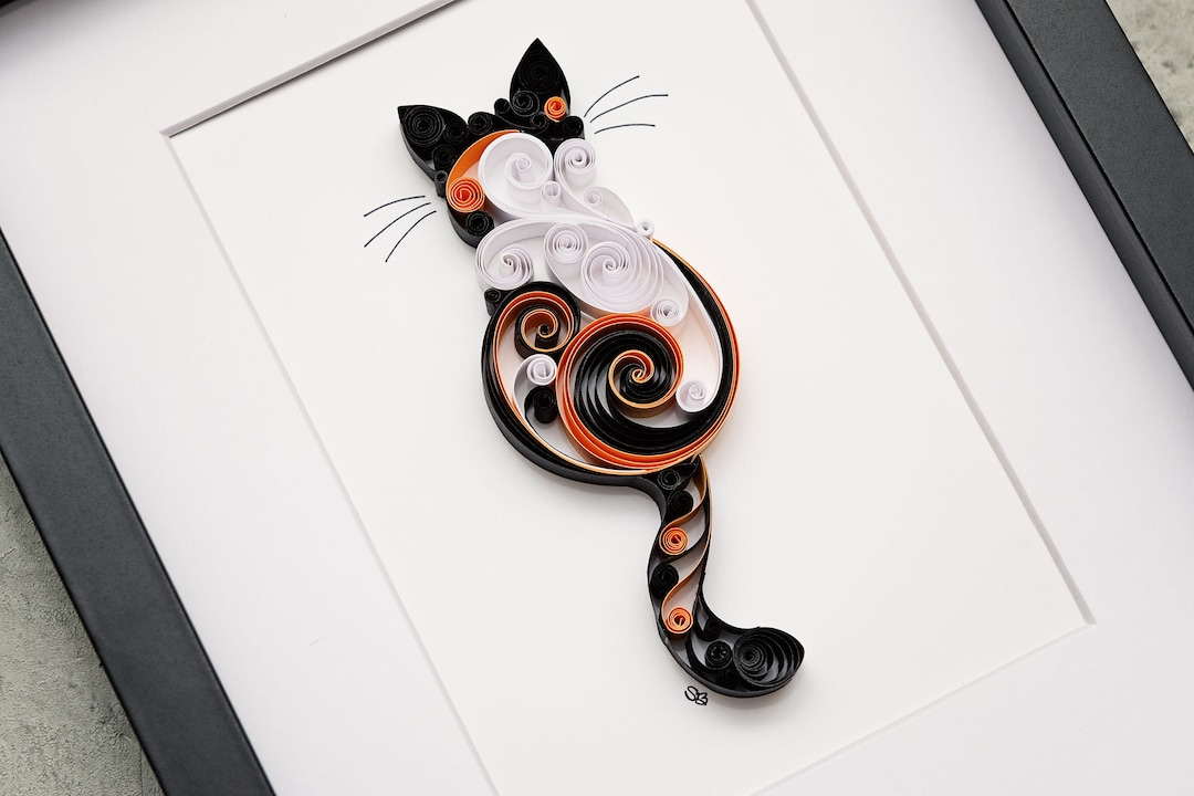 Handcrafted Quilled Scrollwork Cat Original Design Orange, Black, and ...