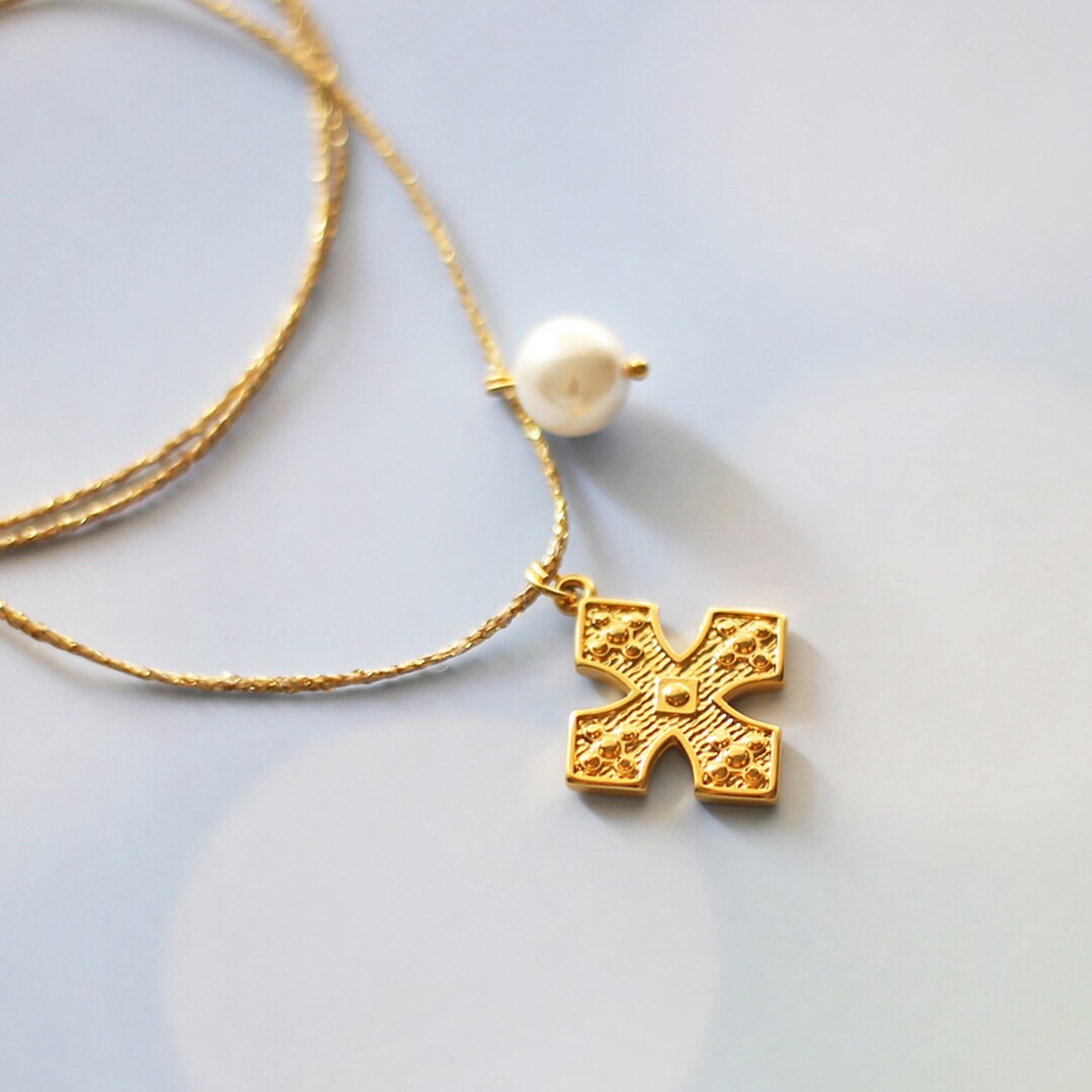 Gold Cross Necklace Greek Jewelry Gold Plated 24k Pearl - Etsy