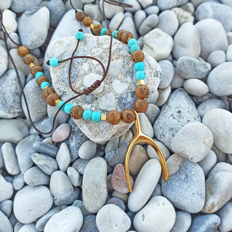 Gold Wishbone Necklace Wooden Bead Necklace Turquoise - Etsy