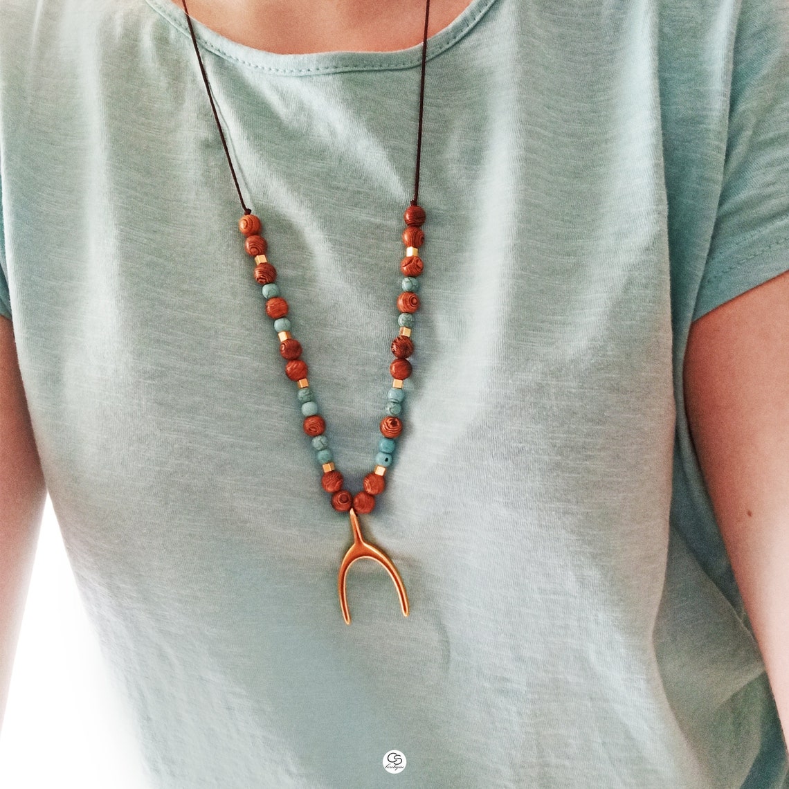 Gold Wishbone Necklace Wooden Bead Necklace Turquoise | Etsy